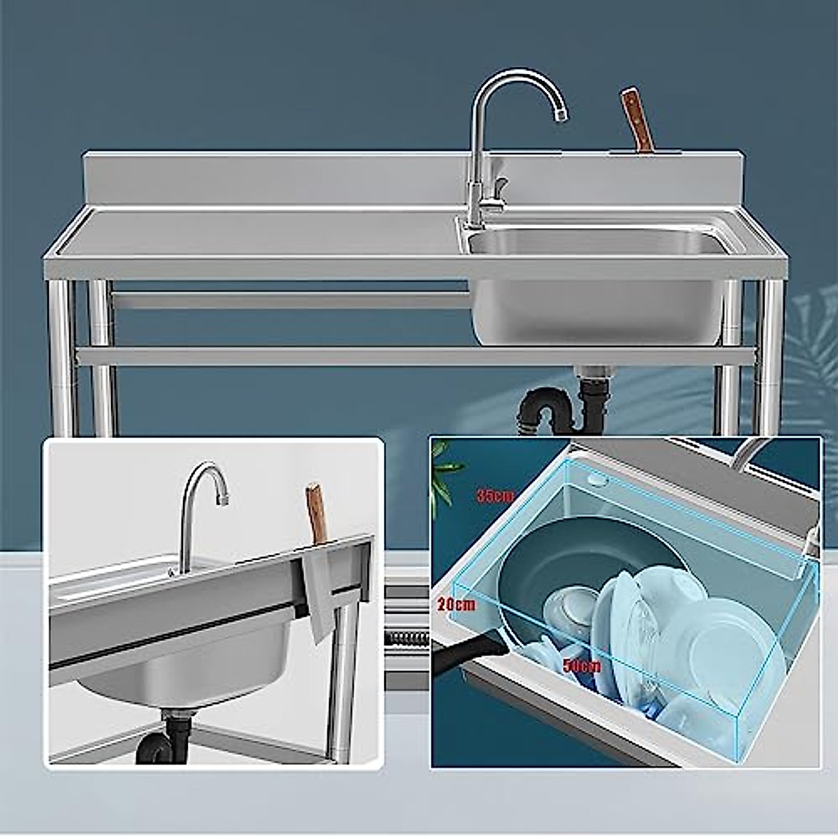 NYCDA Commercial Stainless Steel Sink, Kitchen Utility Sink Single Bowl Free-Standing Sink Set, Restaurant Sink w/Faucet & Drainboard for Laundry Garage Camping 80x50x80cm/31.5x19.7x31.5in Right-Sink