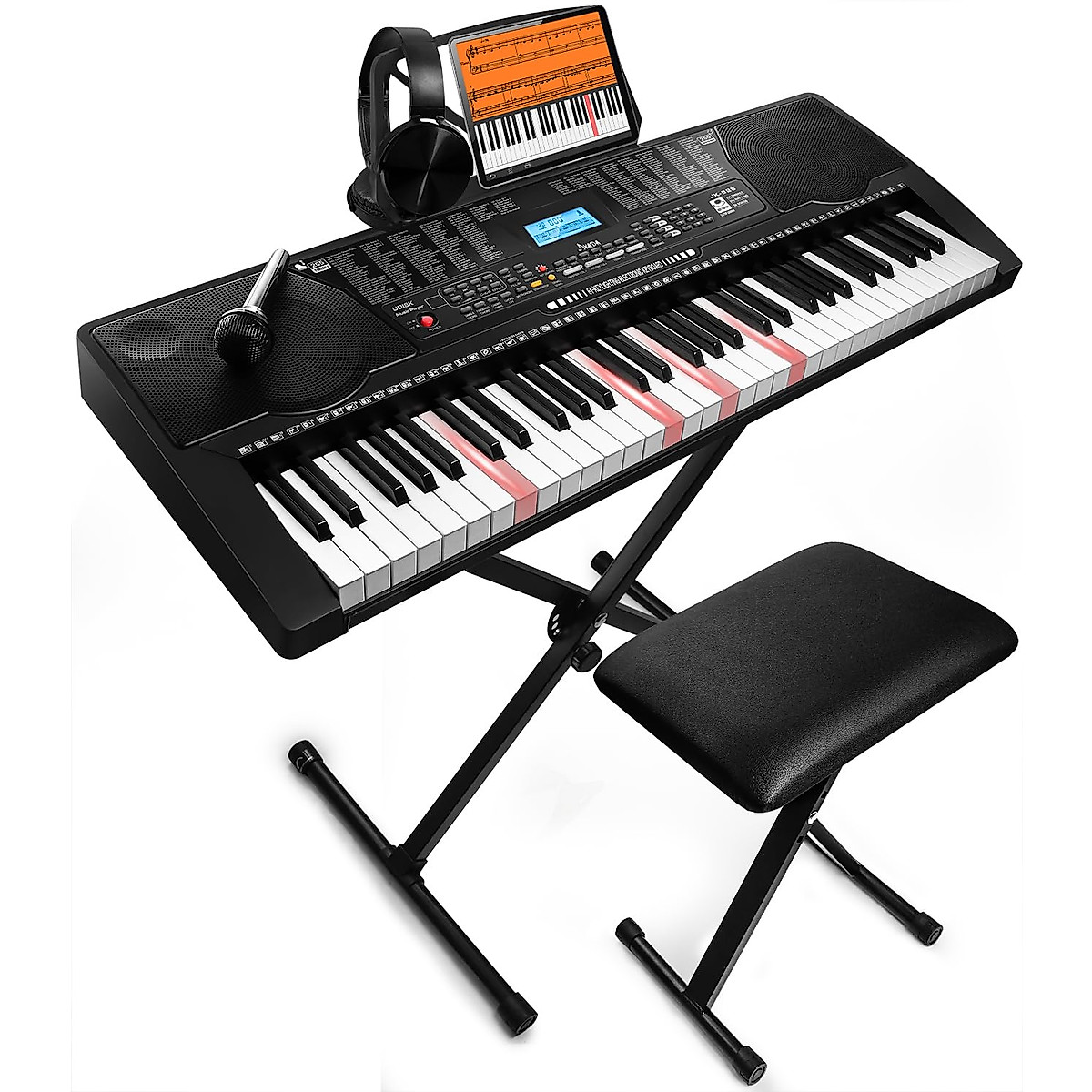 61 Key Portable Electronic Keyboard Piano w/Lighted Full Size Keys, LCD, Headphones, X-Stand, Stool, Music Rest, Microphone, Note Stickers, Built-In Speakers,3 Teaching Modes