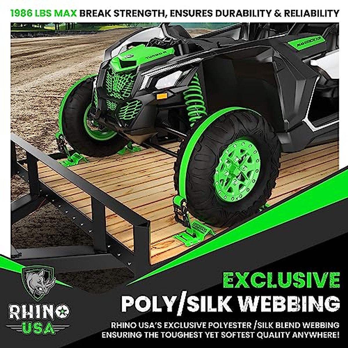 Rhino USA Wheel Chock Tie Down Kit (1,986lb Break Strength) Ultimate Heavy Duty Trailer Tire Straps System for ATV, UTV, Lawn Mower & More - Ratchet Tie Downs Accessories with E Track for Four Wheeler