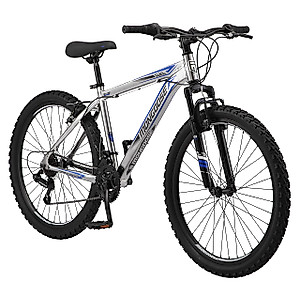 Mongoose Flatrock 21-Speed Hardtail Mountain Bike, 26-Inch Wheels, for Men and Women, Front Suspension, 17-Inch Lightweight Aluminum Frame, Silver