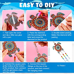 4 Pcs Diamond Painting Suncatcher Wind Chime Sea Animal Double Sided Crystal Rhinestone Big Gem Painting Suncatcher Hanging Ornament for Adults Kids Home Window Decor (Sea Style)