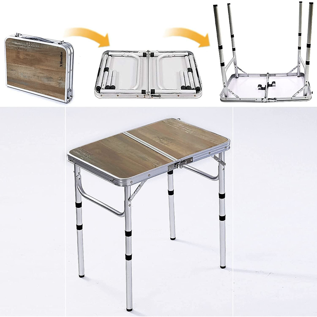 YihuiKo Small Folding Table,3 Adjustable Heights Foldable Table, Camping Table,Outdoor Folding Table with Storage Mesh Layer，Portable Table for BBQ,Patio,Garden and Indoor(Brown)