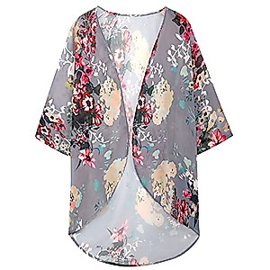 Women's Floral Print Puff Sleeve Kimono Cardigan Loose Cover Up Casual Blouse Tops(Dark Grey,L)