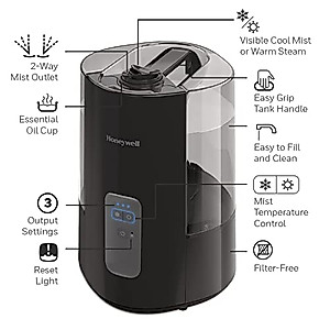 Honeywell Dual Comfort Cool + Warm Mist humidifier. Humidifier for Bedroom, Office, Living Room and Home. Provides Temporary Relief from Dry air discomforts - Black, HWC775B