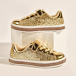 UUBARIS Girl's Glitter Tennis Shoes Fashion Sneakers for Kids Sparkly Rhinestone Sneakers Bling Shiny Sequin Shoes Gold-2