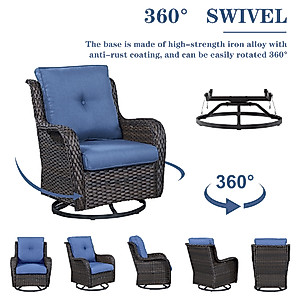 Belord Wicker Patio Furniture Sets - 8 Piece Rattan Outdoor Furniture Conversation Sets with 4 Swivel Rocker Chairs, Rattan Sofa, Wicker Ottomans and Coffee Table, Brown/Blue