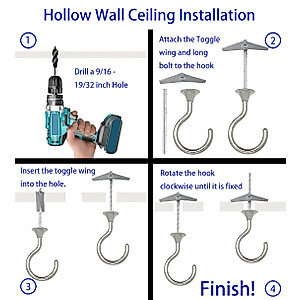 Evsteluo Large Swag Ceiling Hooks Heavy Duty Swag Hook with Hardware for Hanging Plants Ceiling Installation Cavity Wall Fixing (4, Silver)