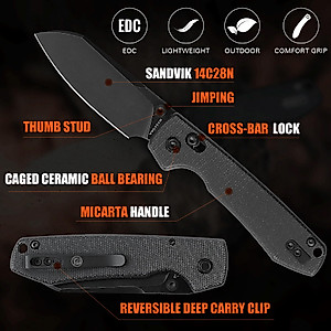 Vosteed EDC Knife, Lightweight Folding Pocket knife with Clip for Men and Women, Crossbar Lock Knife with 3.25" Sandvik 14C28N Steel Cleaver Blade, Micarta Handle for Camping, Hiking - Raccoon