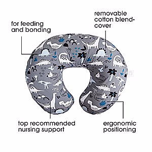 Boppy Original Support Nursing Pillow, Gray Dinosaurs, Ergonomic Breastfeeding, Bottle Feeding, and Bonding, Firm Hypoallergenic Fiber Fill, Removable Cover, Machine Washable