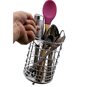 Dependable Kitchen Cutlery Holder Utensil Caddy Mesh Bottom Silver Chrome Finish (Silver)