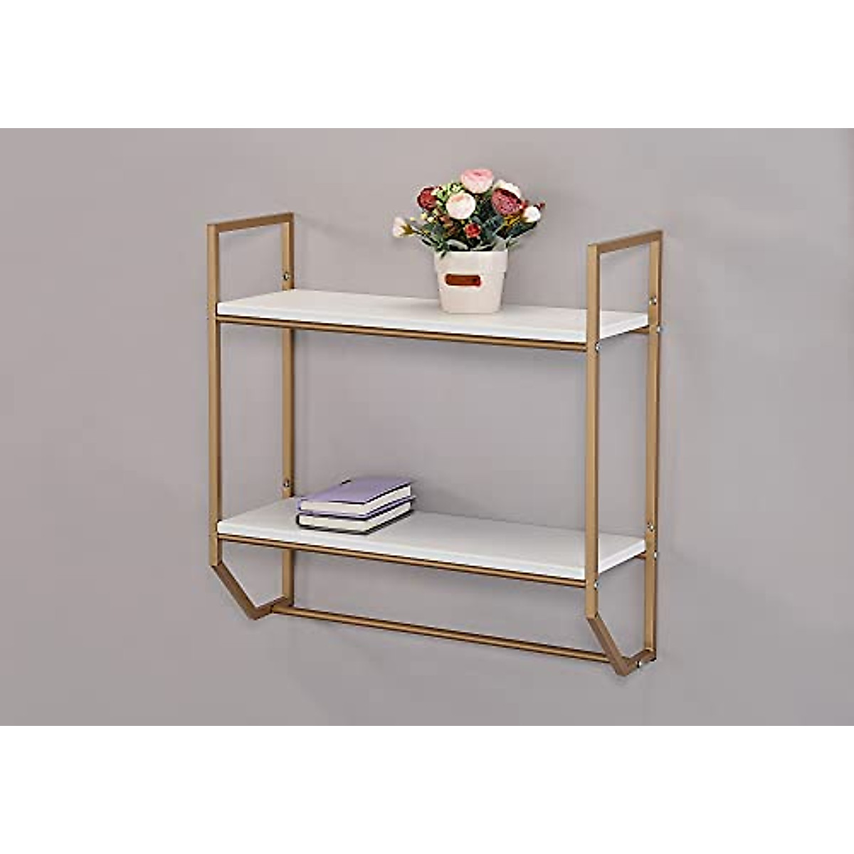 RAAMZO 2-Tier Metal Industrial 23.7" Wide Bathroom Shelves Wall Mounted, Wall Shelf Over Toilet, Towel Rack with Towel Bar, Utility Storage Shelf Rack in White Finish and Gold Frame