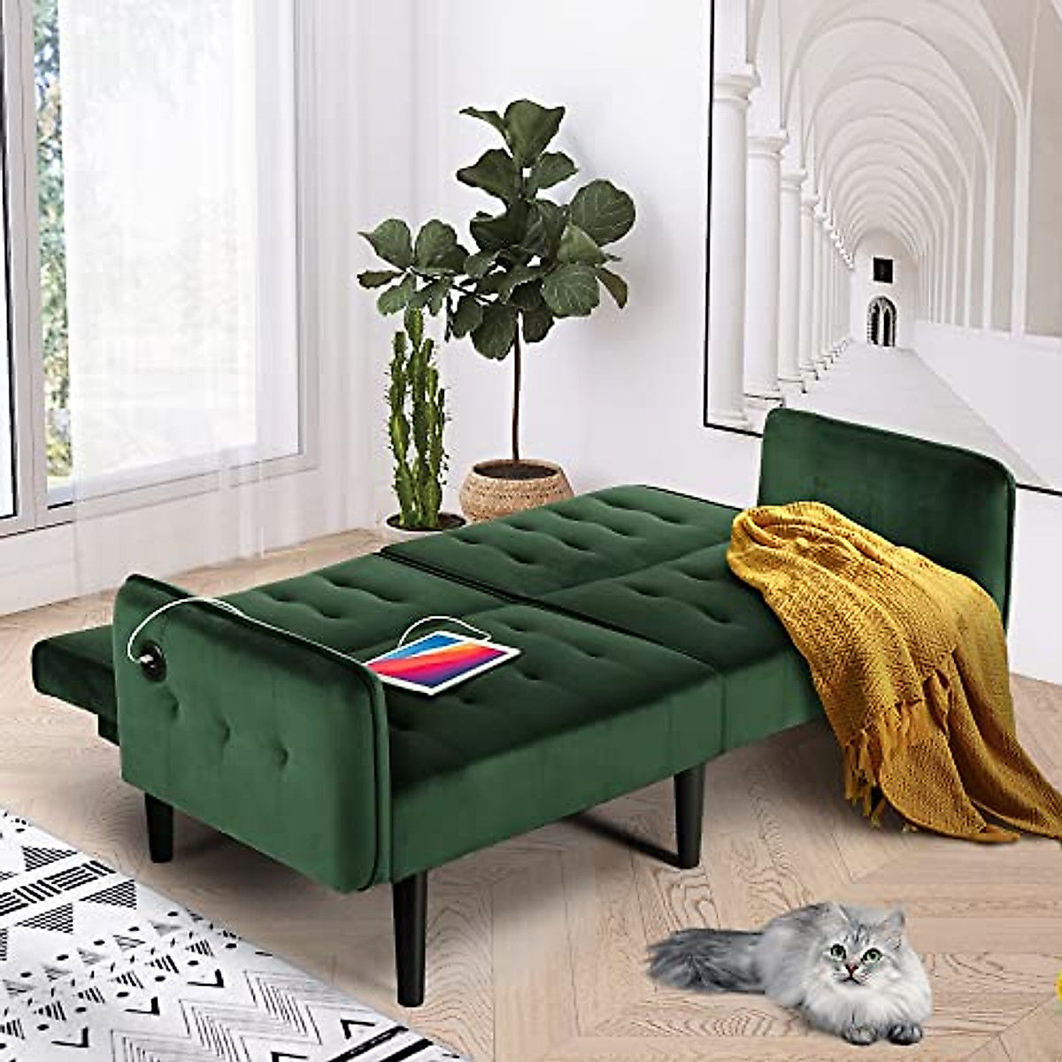 TYBOATLE 65" W Velvet Modern Convertible Folding Futon Couch Sofa Bed w/ 2 USB Charging Ports and arms, Loveseat for Compact Living Space, Dorm, Game Studio, Bonus Room, Apartment, Bedroom (Green)