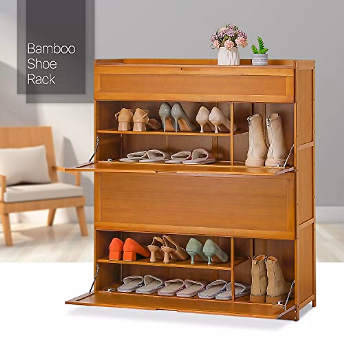 MoNiBloom Bamboo 7 Tier Shoe Storage Cabinet with Pull-Down Doors for Heels Sneakers Shoes Rack Organizer for 36-40 Pairs Entryway Hallway Living Room, Brown