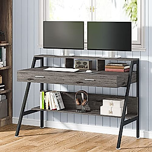Tribesigns Computer Desk with Storage Shelf & Drawers, Modern 47 inch Office Writing Desk Study Table with Monitor Stand Riser for Home Office Use (Grey)