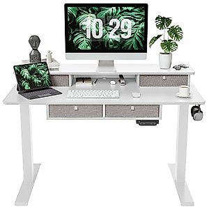 FEZIBO Sturdy Height Adjustable Electric Standing Desk with Drawers, 48 x 24 Inch Stand Up Table with Large Storage Shelf, Sit Stand Desk, White Top