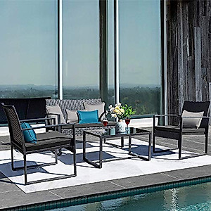 JUMMICO 4 Piece Patio Set Outdoor Rattan Chairs with Cushion & Table Metal Bistro Conversation Sets Modern Porch Furniture for Garden, Balcony, Poolside (Black)
