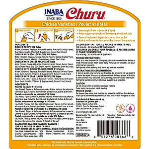 INABA Churu Cat Treats, Grain-Free, Lickable, Squeezable Creamy Purée Cat Treat/Topper with Vitamin E & Taurine, 0.5 Ounces Each Tube, 50 Tubes, Chicken Variety