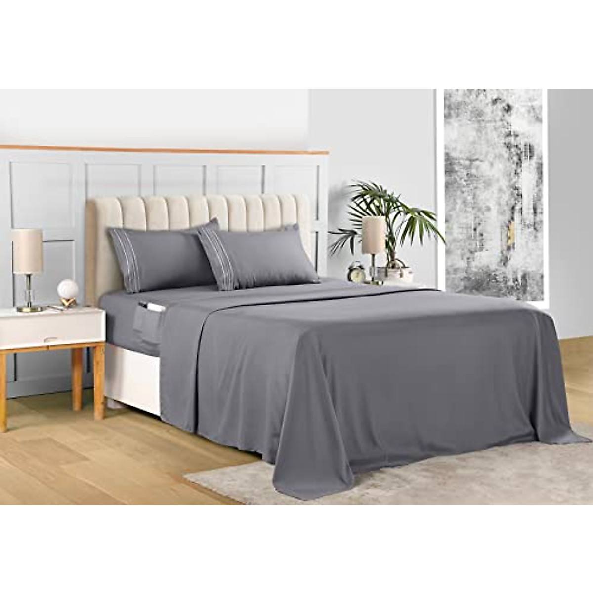 Utopia Bedding Full Sheet Set – Soft Microfiber 4 Piece Luxury Bed Sheets with Deep Pockets - Embroidered Pillow Cases - Side Storage Pocket Fitted Sheet - Flat Sheet (Grey)