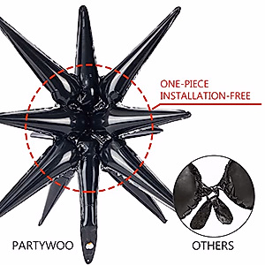 PartyWoo Star Balloons 6 pcs, One-Piece 14-pointed Star Explosion Balloons with Ribbon, Black Point Star Foil Balloons, Large Mylar Balloons Fireworks Shape for Birthday Retirement (27 & 22 inch)