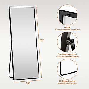 PexFix Full Length Mirror Full Body Mirror with Stand 55''×16'' Mirror Full Length with Black Aluminum Alloy Frame