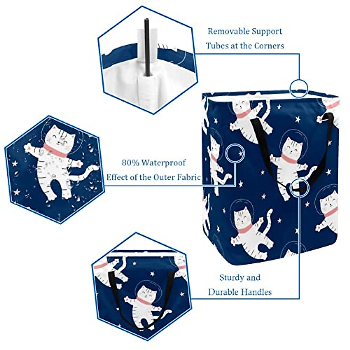 Fly in Space Cat Stars Print Collapsible Laundry Hamper, 60L Waterproof Laundry Baskets Washing Bin Clothes Toys Storage for Dorm Bathroom Bedroom