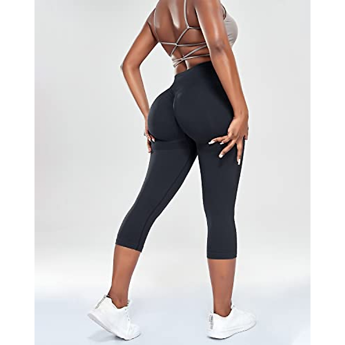 CFR Womens High Waist Leggings Workout Butt Lifting Capris Leggings Booty Scrunch Butt Cropped Yoga Pants #0 Black M