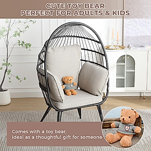 Kayflora Wicker Egg Chair, PE Rattan Egg Basket Lounge Chair with Stand, with Cute Throw Pillow, Patio Chair for Patio, Garden, Yard, Living Room, Sunroom,Beige