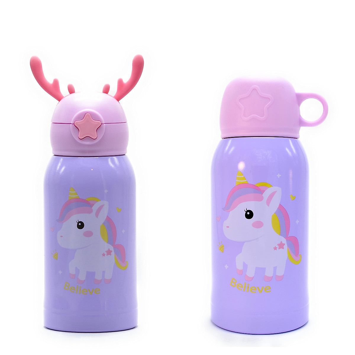 Talavan Kids antler Water Bottle 500ml 316 Stainless Steel vacuum insulated thermos with straw (Unicorn)