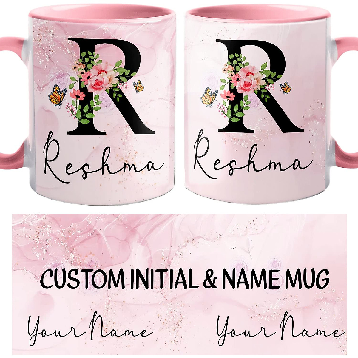 Personalized Name & Initial Monogram Floral Pink Pattern Alphabet White Coffee Mug Cup, Initial Monogram Travel Mug Gift For Women