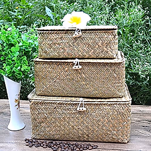 Seaweed Storage Basket Handwoven Storage Box with Lid Cosmetic Storage Box Laundry Basket Wicker Basket Storage Basket Box Wicker(L,Natural)