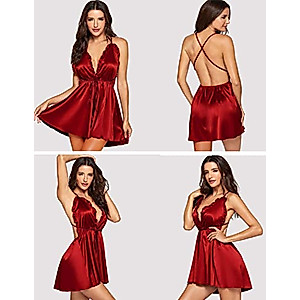 Avidlove Women Lingerie Satin Lace Nightgown Sexy Full Slips Sexy Silk Sleepwear Dress Wine Red