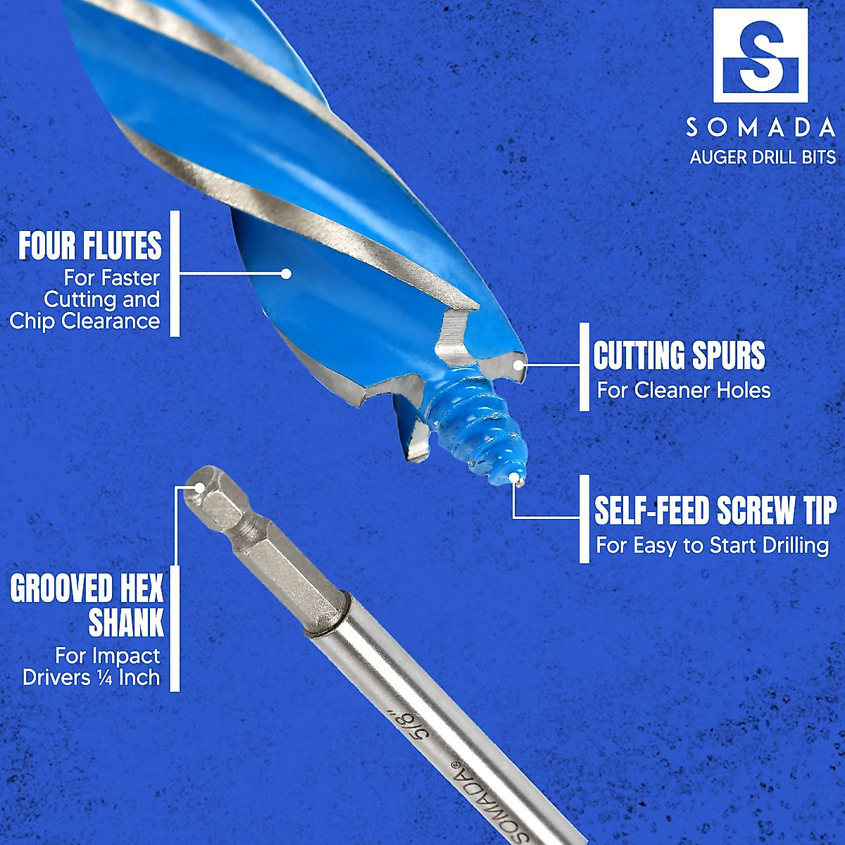 SOMADA Auger Drill Bit Set for Wood, 4-Piece, 1/2", 5/8", 3/4" and 1" Inch Size, 6-Inch Long Impact Wood Auger Set with Quick Change hex Shank