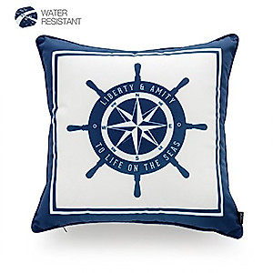 Hofdeco Nautical Indoor Outdoor Pillow Cover ONLY, Water Resistant for Patio Lounge Sofa, Navy Blue Wheel Flag Anchor Compass Stripes, 18"x18" 12"x20", Set of 5