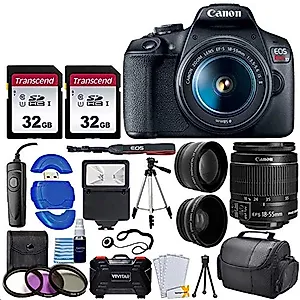 Canon EOS Rebel T7 Digital SLR Camera with 18-55mm EF-S f/3.5-5.6 is II Lens + 58mm Wide Angle Lens + 2X Telephoto Lens + Flash + 2X 32GB SD Cards + 3 Piece Filter Kit + Tripod + Full Accessory Bundle