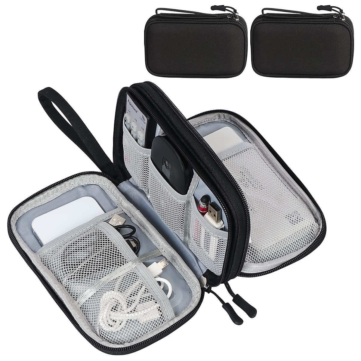 FYY Electronic Organizer, [2 PCs]Travel Cable Organizer Bag Electronic Accessories Carry Case Portable Waterproof Double Layers Storage Bag for Cable, Charger, Phone, Earphone, Medium Size-Black+Black