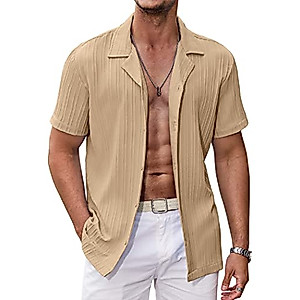 COOFANDY Men's Linen Shirts Short Sleeve Casual Button Down Shirt for Men Fashion Summer Beach Shirt Khaki Hawaiian Shirt for Men Khaki - L