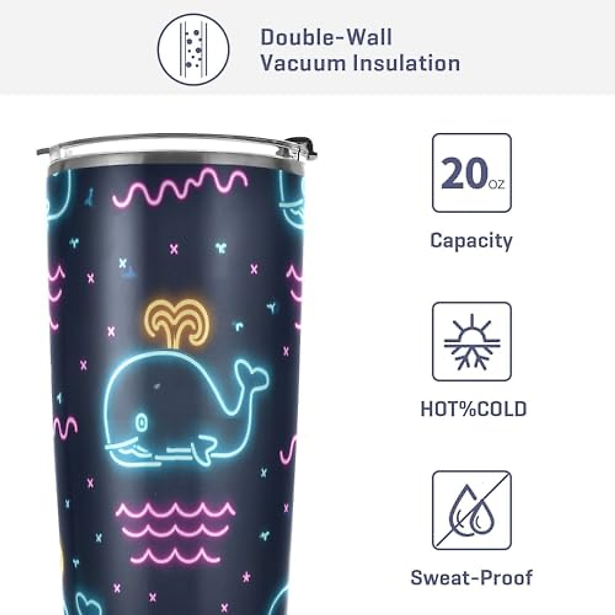 HXshaoye Summer neon Whale wave black Stainless Steel coffee cups with lids with Straw Lid travel mug with lid for Water, Iced Tea or Coffee Aesthetic 20oz coffee mug vaso para agua 20oz