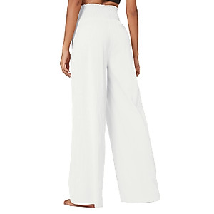 Urban CoCo Women's Elastic High Waist Light Weight Loose Casual Wide Leg Trousers Long Pants with Pocket (XL, White)