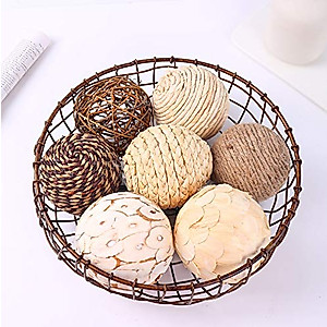 idyllic Decorative Balls for Bowls Natural Wicker 3 Inches Rattan Woven Twig Orbs, String and Cotton Balls Spherical Vase Fillers for Centerpieces - Bag of 8 Brown and White