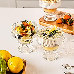INSETLAN Ice Cream Sundae Glass Bowl Set of 4, Clear Stripes Footed Dessert Bowls 10oz, Glass Dessert Cups Perfect for Sundae, Ice Cream, Fruit, Salad, Cocktail, Trifle