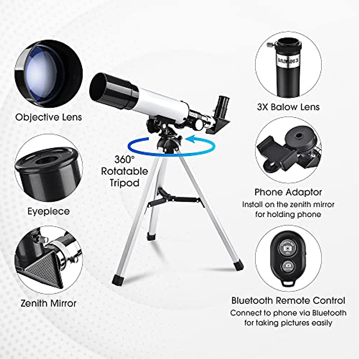 AW 50mm Aperture 360mm Astronomy Refractor Telescope Refractive Tripod with Phone Adapter Carry Bag Remote Constellation Map for Kid Aldult Gift