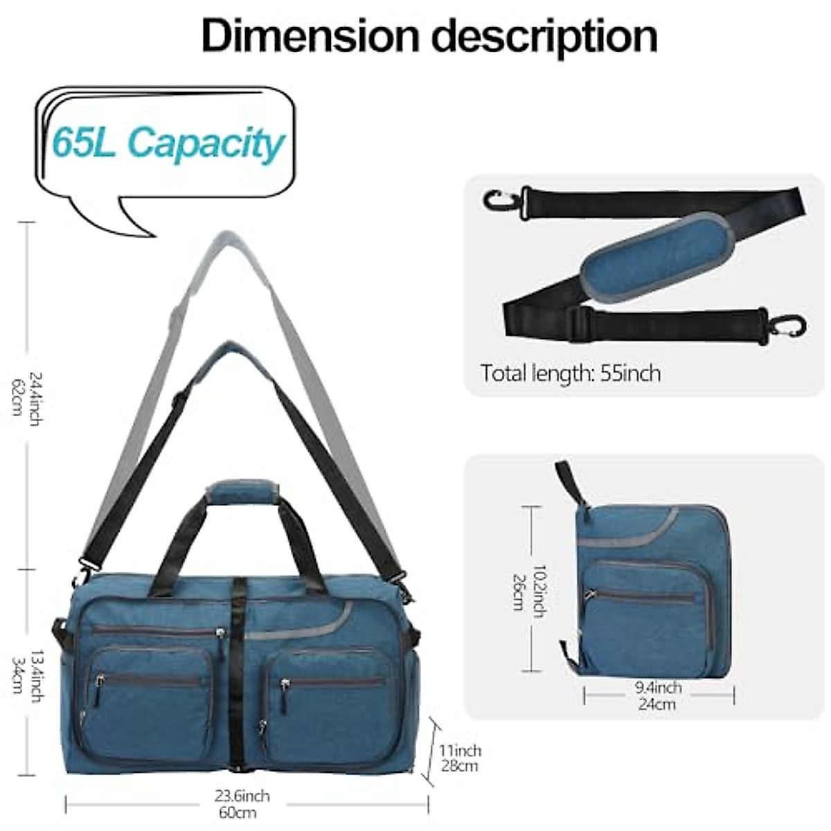 Travel Duffel Bag, 65L Foldable Travel Duffle Bag with Shoes Compartment and wet pocket, Waterproof & Tear Resistant (A4-Dark blue, 65L)