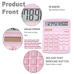 Calculators, BESTWYA 12-Digit Dual Power Handheld Desktop Calculator with Large LCD Display Big Sensitive Button (Pink, Pack of 1)