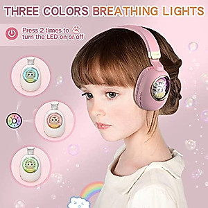 Girls Kids Headphones Wired - Pink Noise Cancelling Wireless Headphones for Kids for School - Over Ear Light Up Foldable Cat Bluetooth Gaming Headset with Microphone for iPad Kindle Tablet PC Travel