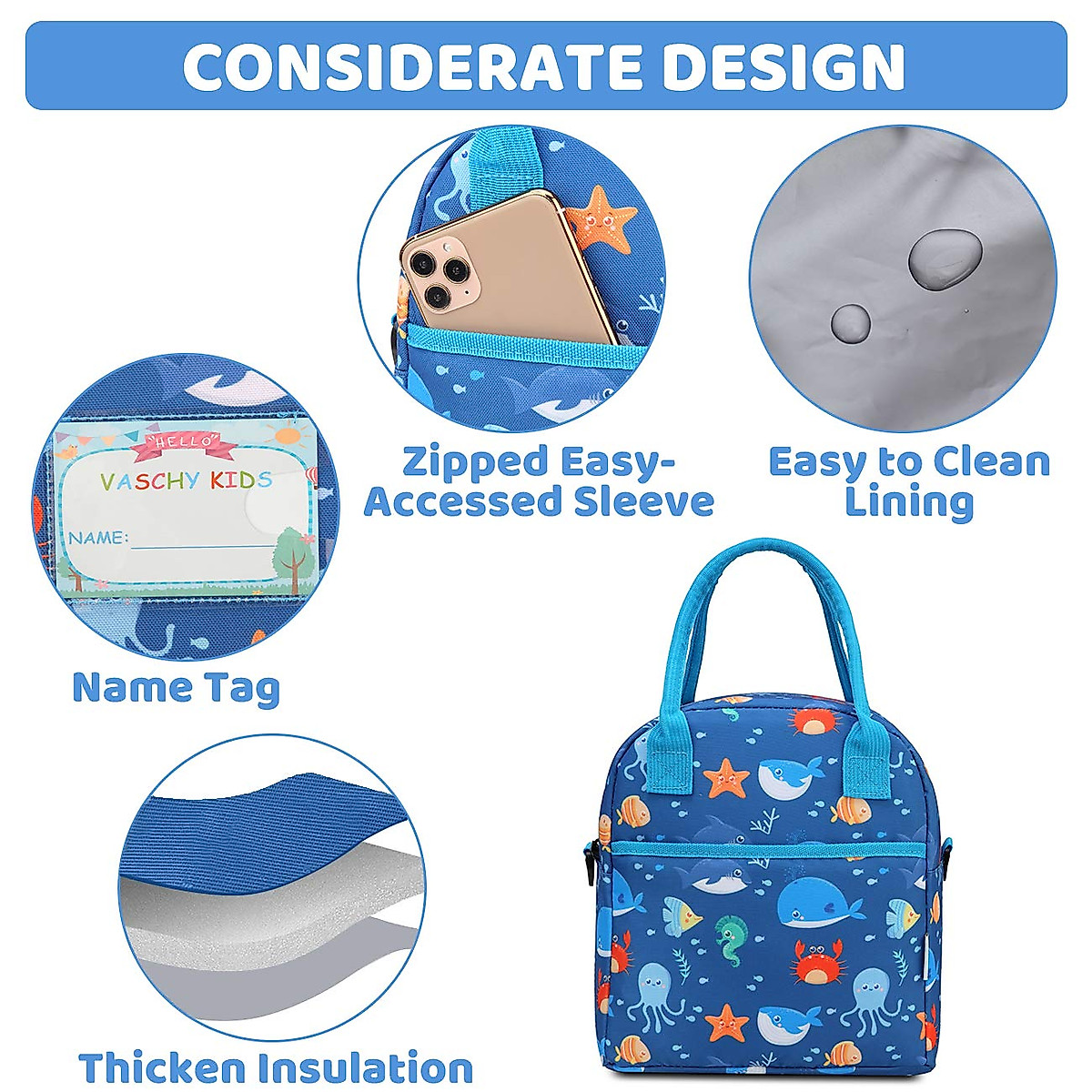 VASCHY Lunch Box Bag for Kids, Insulated Lightweight Lunch Tote for Children Boys and Girls School Daycare Kindergarten Ocean