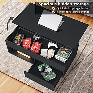 HOMMPA 40" Lift Top Coffee Table with Storage LED Coffee Table Morden High Gloss Living Room 3 Tiers Modern Tea Table with Storage Center Tables Hidden Compartment & Open Shelve & Drawer Black