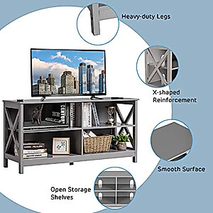 Tangkula TV Stand for TVs up to 55 Inches, 47" Farmhouse Entertainment Center with 4 Open Shelves & Built-in Cable Holes, TV Console Table with X-Shaped Frame for Living Room (Grey)