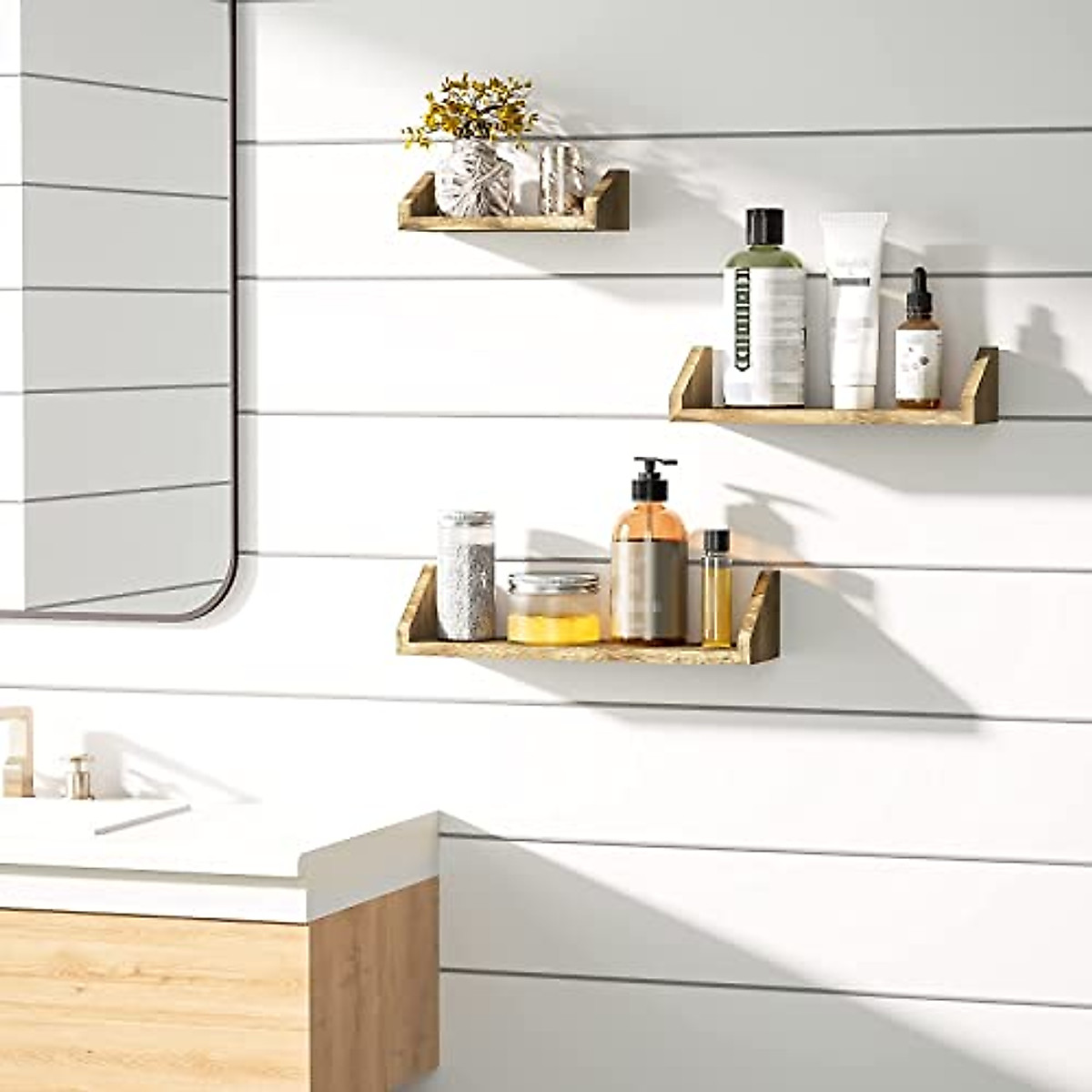 SZQINJI Floating Shelves Wall Mounted Solid Wood Shelf Display Ledge Storage Shelves for Living Room Kitchen Bathroom Carbonized Black Set of 3