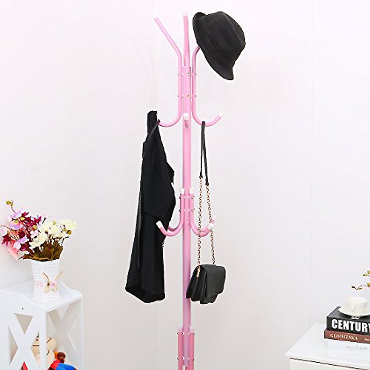 uxcell Metal Coat Rack,Standing Coat Tree 12 Hooks Hanger for Handbags Hat Umbrella Clothes Home Decorate Fuchsia