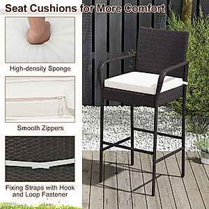 Tangkula Patio Wicker Barstools Set of 2, Outdoor PE Rattan Bar Chairs with Armrests & Soft Cushions, Stable Metal Frame, 400 lbs Max Load, Mix Brown PE Wicker Bar Chairs for Porch, Backyard